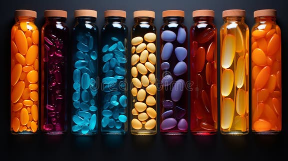 Row of pill bottles stock illustration. Illustration of produce - 298257937