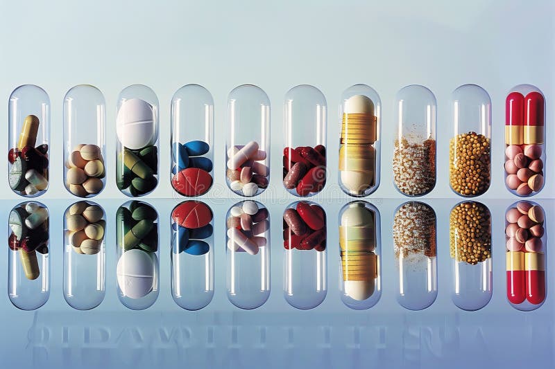 Row of Pills and Capsules on Blue Background. Generative AI Stock ...