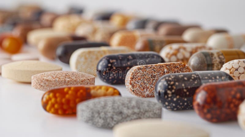 A Row of Pills with Different Colors and Shapes on a Table, AI Stock ...