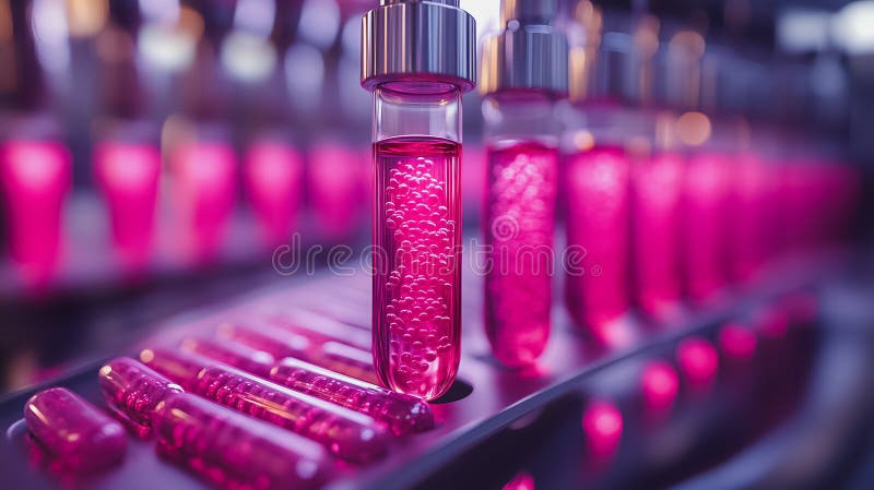 A Row of Pink Bottles with a Clear Liquid Inside. the Bottles are Lined ...