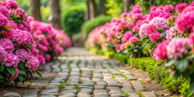 Row of Pink Flowers Bordering a Cobblestone Path in a Garden AI ...