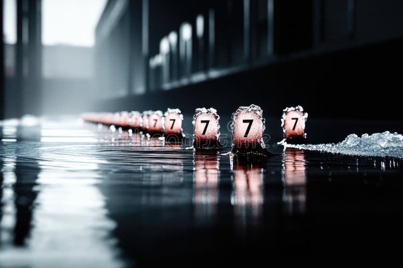 Row of Pink Number 7 Ice Sculptures Reflected on Wet Surface in Dim ...