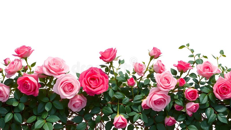 A Row of Pink Roses with Green Leaves Stock Illustration - Illustration ...