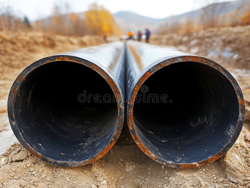 A Row of Pipes, Positioned in the Soil and Captured before Installation ...