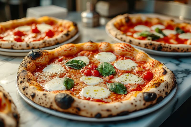 A Row of Pizzas Sitting on Top of a Counter Top Stock Image - Image of ...