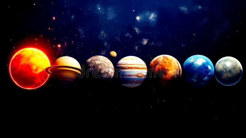 Row of Planets with the Sun in the Middle and Stars in the Background ...