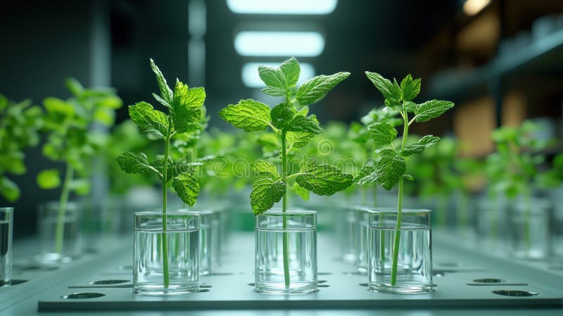 A Row of Plants in Test Tubes Under a Grow Light in a Laboratory ...