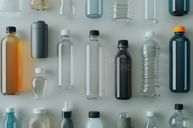 Row Plastic Bottles Various Sizes Colors Arranged Way Stock Photos ...