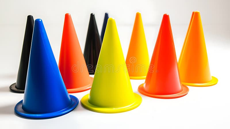 A Row of Plastic Cones in Various Colors Stock Photo - Image of barrier ...