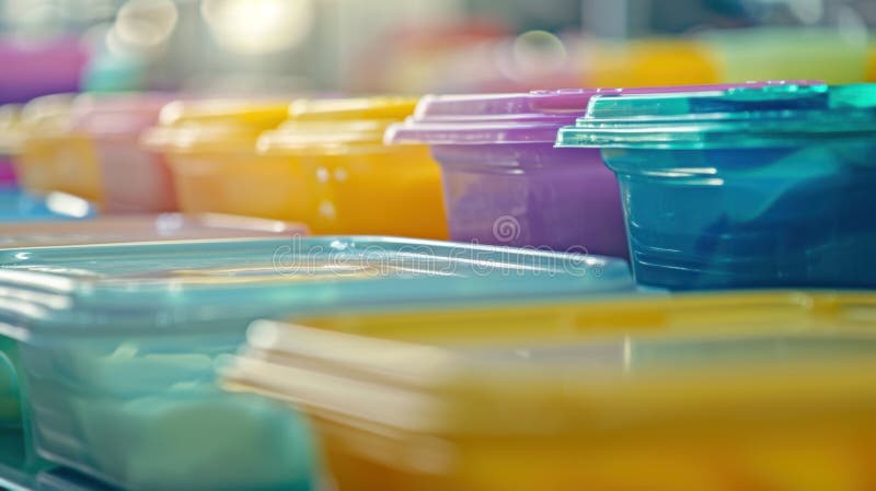 A Row of Plastic Containers with Different Colored Lids on Them, AI ...