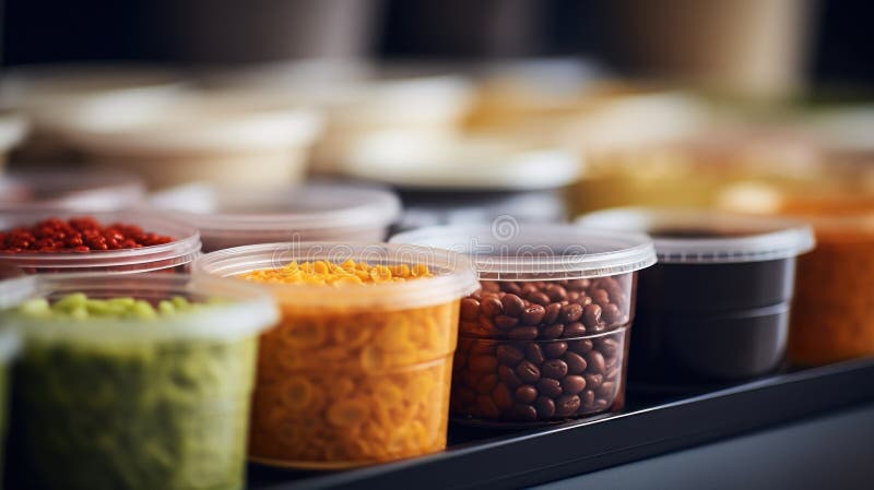 A Row of Plastic Containers with Various Types and Colors, AI Stock ...