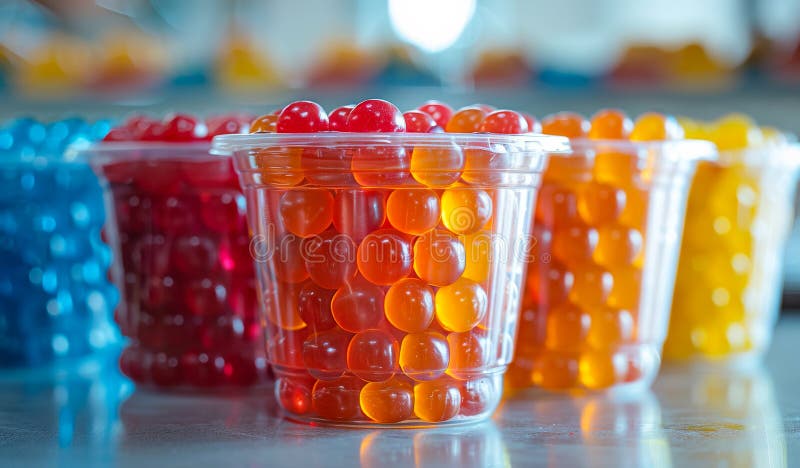 A Row of Plastic Cups Filled with Different Colored Jelly Beans Stock ...