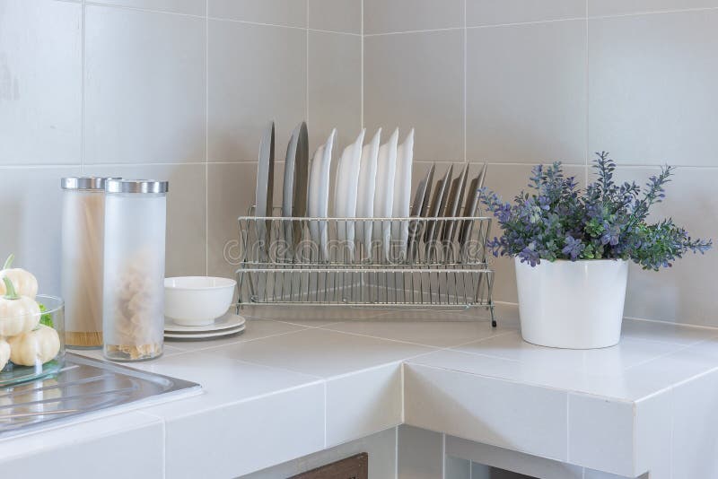Row of Plate on Counter in Kitchen Room Stock Image - Image of tool ...