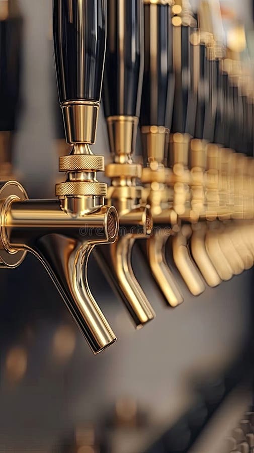 A Row of Polished Chrome Beer Taps are Mounted on a White Tiled Wall in ...