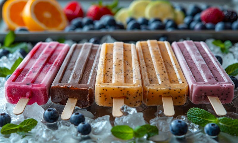 A Row of Popsicles with Different Flavors and Colors. the Popsicles are ...