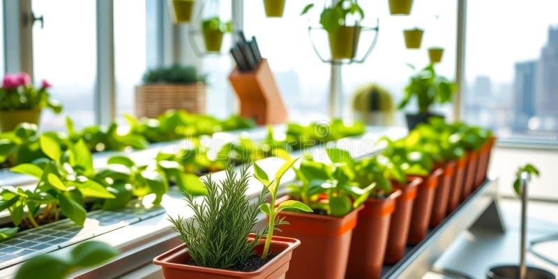Row of Potted Plants with a Small Plant in the Middle Stock Image ...