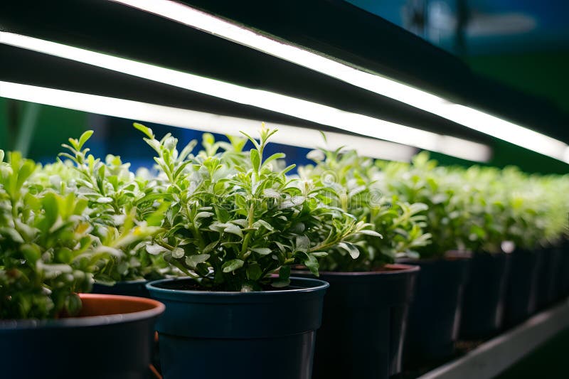 Row of Potted Plants Under Linear Light Source in Indoor Garden or ...