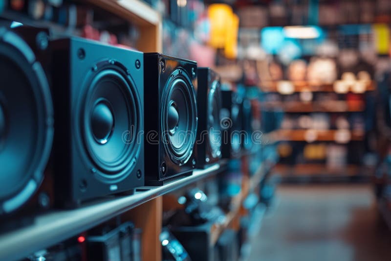 Row of Powerful Loudspeakers Standing on a Shelf in an Electronics ...