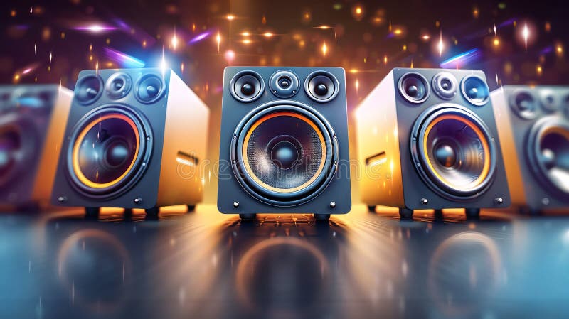 A Row of Powerful Speakers Illuminated by Vibrant Lights, Creating a ... A Row of Powerful Speakers Illuminated by Vibrant Lights, Creating a ...