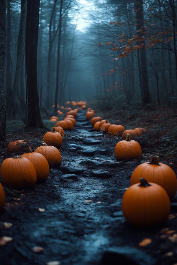 A Row of Pumpkins Lined Up on a Path in the Woods Stock Image - Image ...