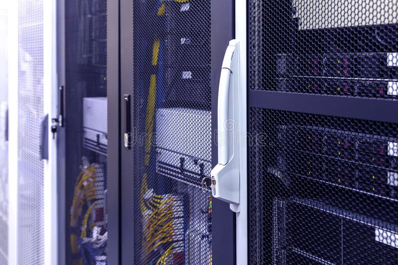 Row of Racks in Big Data Center Inside Close Up. Datacentre Interface ...