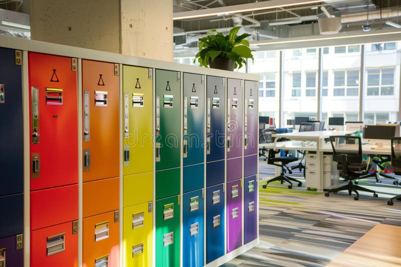 Row of Rainbowcolored Lockers in a Welllit Open Office Space Stock ...