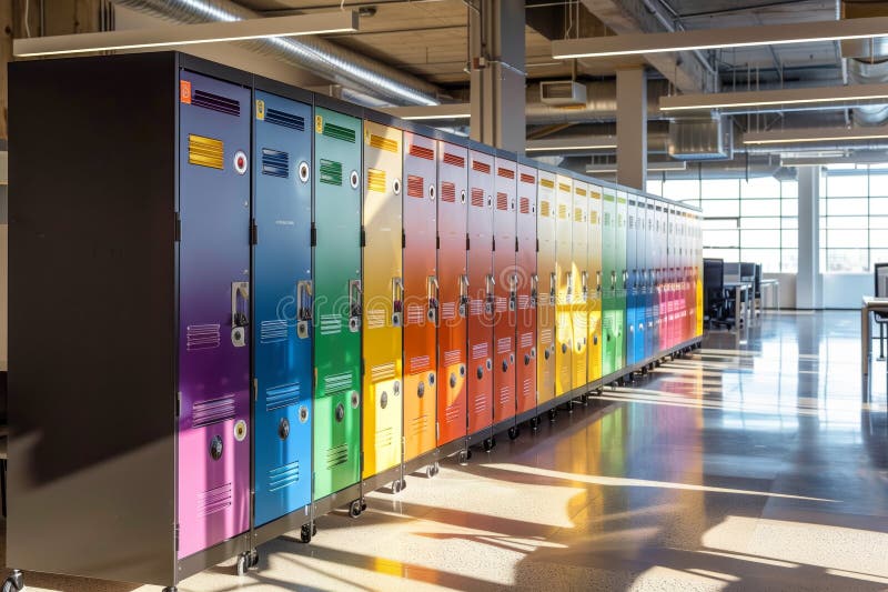 Row of Rainbowcolored Lockers in a Welllit Open Office Space Stock ...