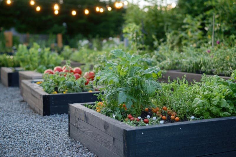 Row of Raised Garden Beds Filled with Various Vegetables Stock Photo ...