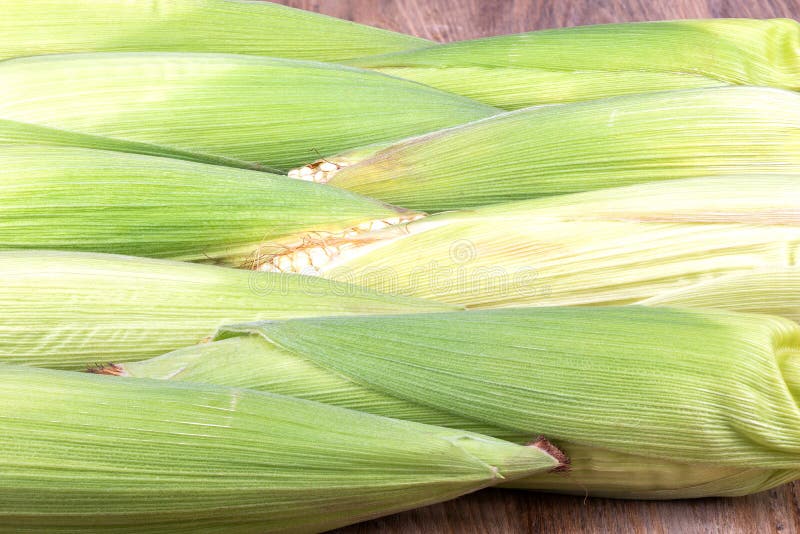 A Row of Raw Unpeeled Corn on a Wooden Table. Stock Photo - Image of ...