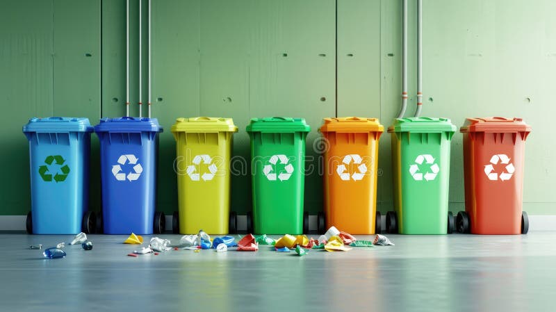 Row of Recyclable Trash Cans Stock Photo - Image of reuse, garbage ...