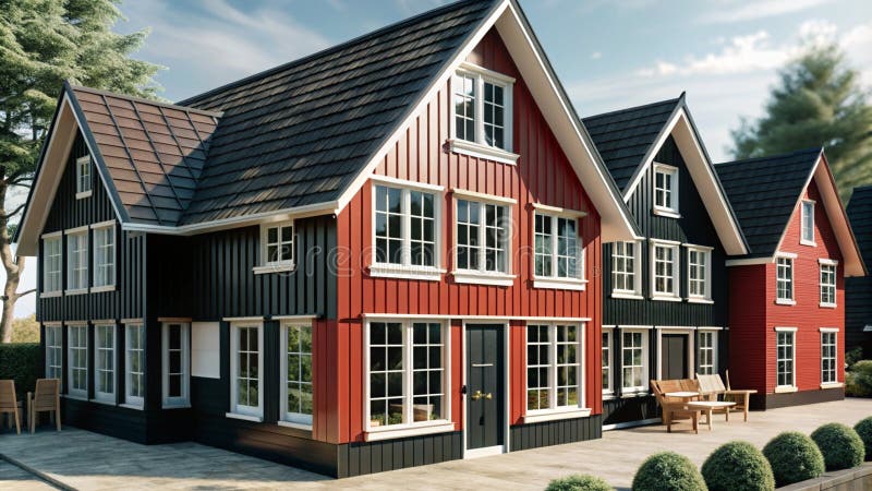 Row of Red and Black Traditional Houses with White Trim and Windows ...