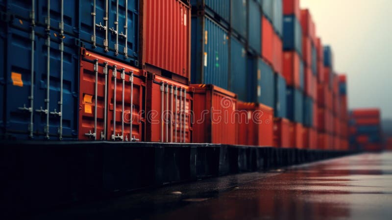 A Row of Red and Blue Containers Sitting on a Dock, AI Stock Photo ...