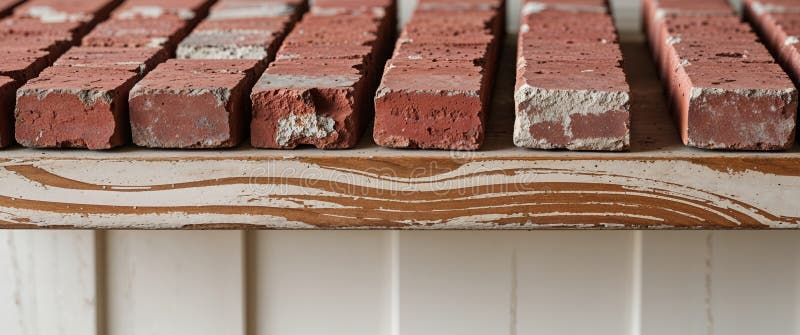 A Row of Red Bricks Joined by Mortar on a Wooden Shelf Stock Photo ...