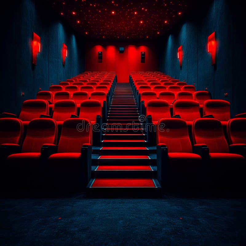 A Row of Red Chairs in a Movie Theater with Red Lights Stock Photo ...