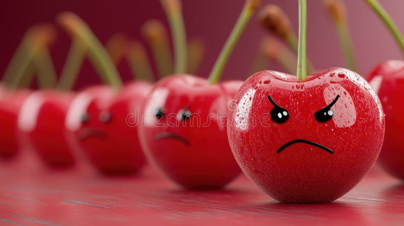 A Row of Red Cherries with Angry Faces on Them, AI Stock Image - Image ...