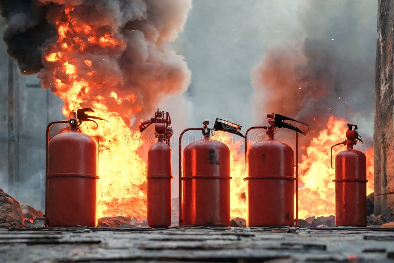 Row of of Red Fire Extinguishers with Fire on Background Stock ...