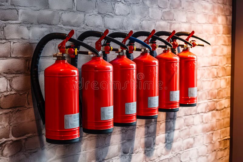Row of Red Fire Extinguishers Hanging on Brick Wall. Generative AI ...