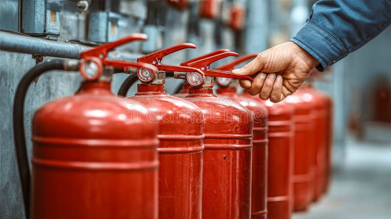 A Row of Red Fire Extinguishers Mounted on the Wall. Stock Illustration ...