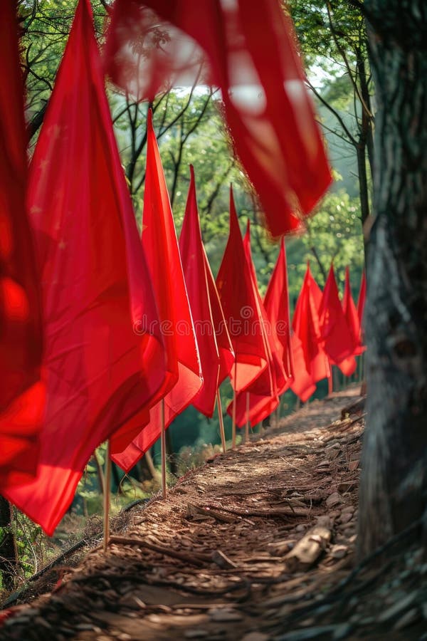 A Row of Red Flags Hangs from a Tree, Serving As a Warning Sign for ...