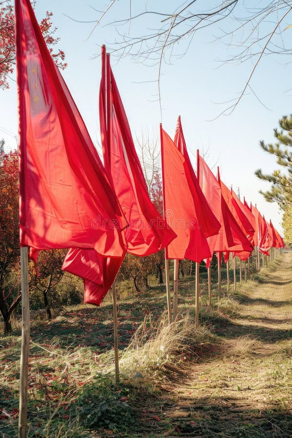 Row of Red Flags in a Open Field, Used for Marking Boundaries or ...