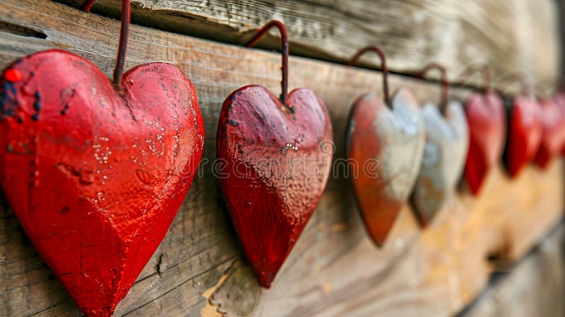 A Row of Red Heart Shaped Metal Decorations on a Wooden Wall Stock ...