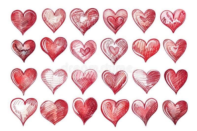 Row Red Hearts Drawn Bunch Ideal Valentine's Day Designs Stock Photos ...