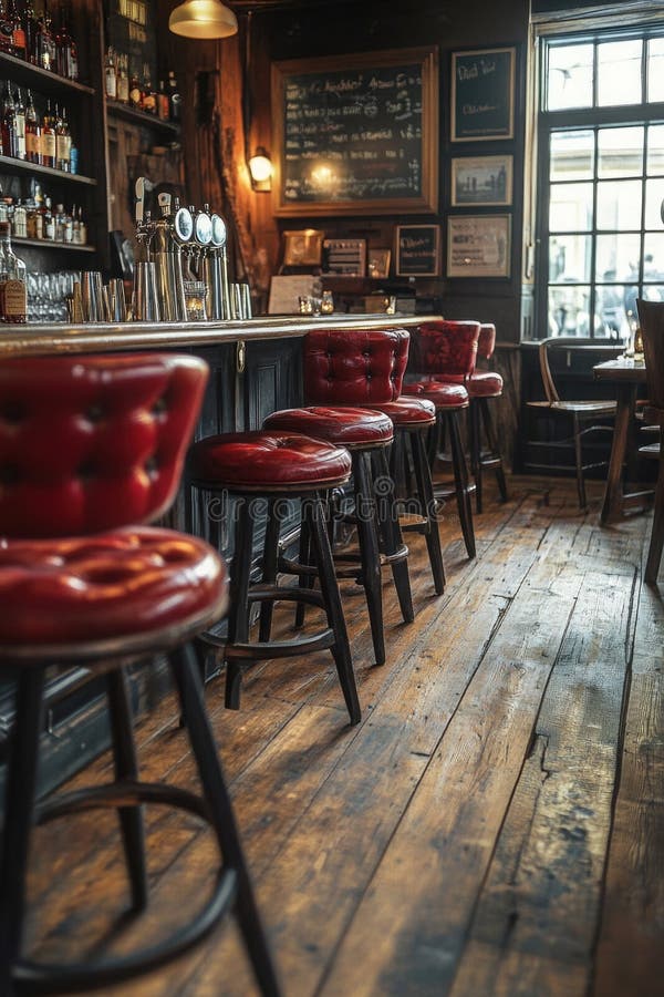 Row of Red Leather Stools in Bar Stock Image - Image of furniture, room ...