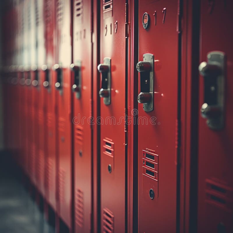 A Row of Red Lockers in a Hallway, AI Stock Photo - Image of safe ...