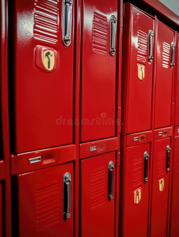 Row of Red Lockers with Yellow Stickers on Them Stock Photo - Image of ...