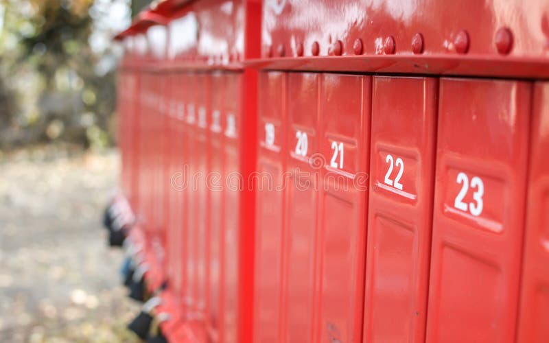 Row of red mailboxes. stock image. Image of postman, post - 83484497