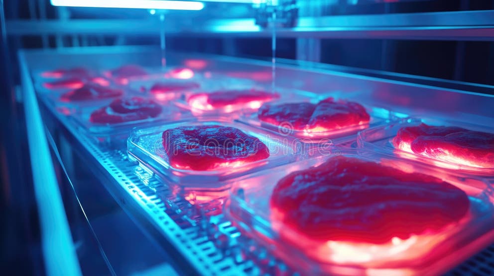 Row of Red Meat in Plastic Containers with a Blue Background Stock ...