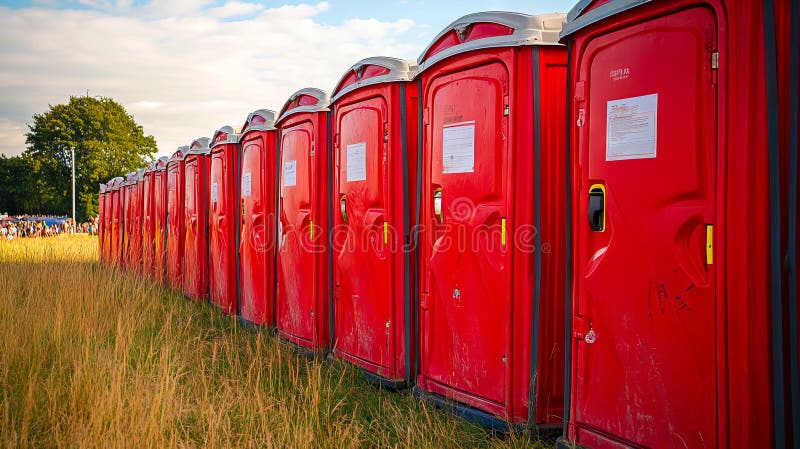 A Row of Red Portable Toilets Lined Up in a Field Stock Photo - Image ...