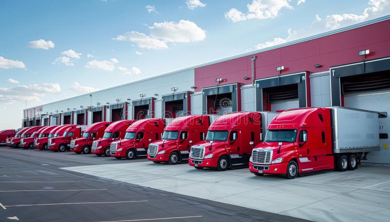 Row of Red Semi Trucks are Parked in a Lot Stock Illustration ...