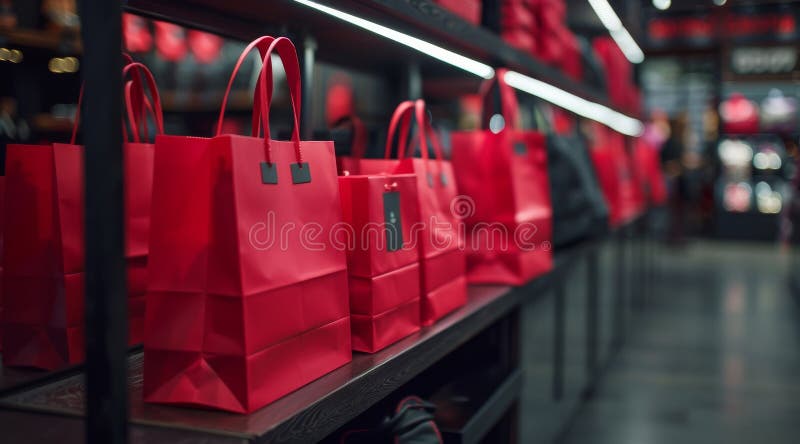 Row of Red Shopping Bags in Store Stock Photo - Image of habits ...